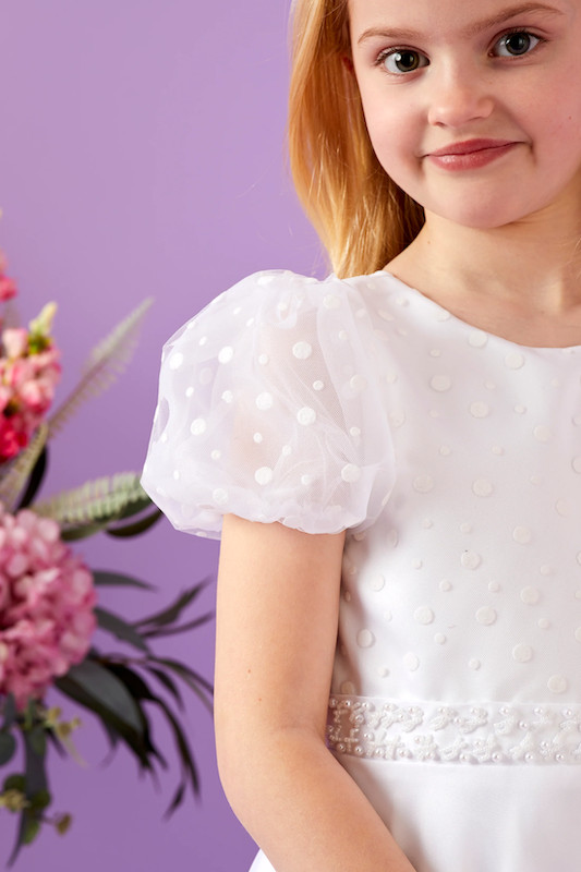 First Communion Dress | White Pearl Flock Spot Dress - Style Iva