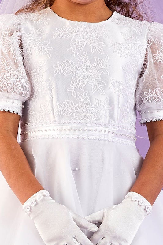 Communion Dress | White Pearl & Floral Lace Dress - Style Lyra