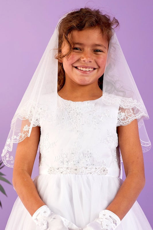 Peridot Girls White Chainstitch Communion Veil - Style Sylvie