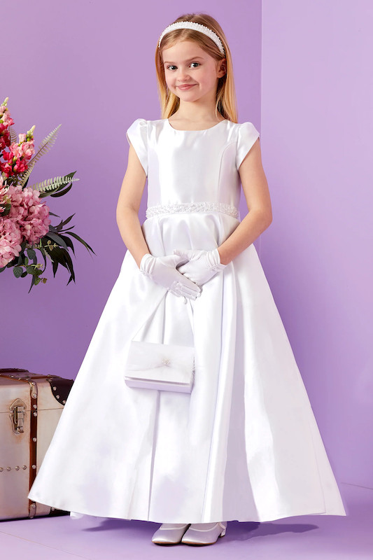 First Communion Dress | White Duchess Satin Pocket Dress - Style Mimi