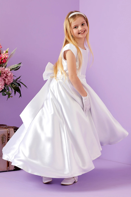 First Communion Dress | White Duchess Satin Pocket Dress - Style Mimi