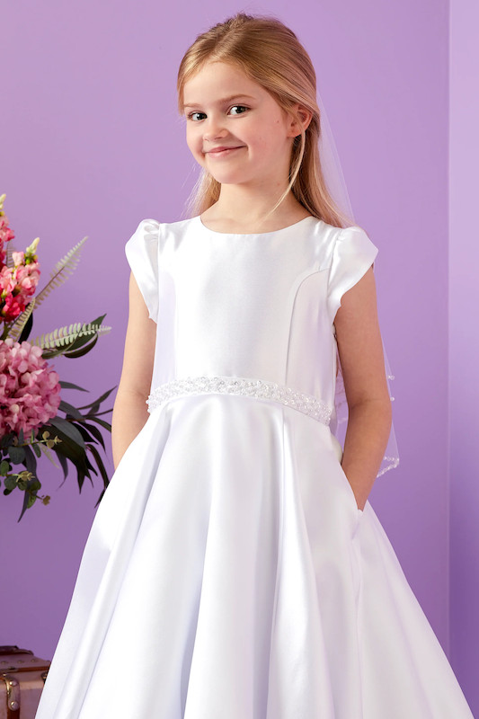 First Communion Dress | White Duchess Satin Pocket Dress - Style Mimi