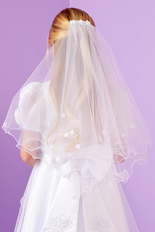 Peridot Girls White Pearl Flower Communion Veil - Style Nova