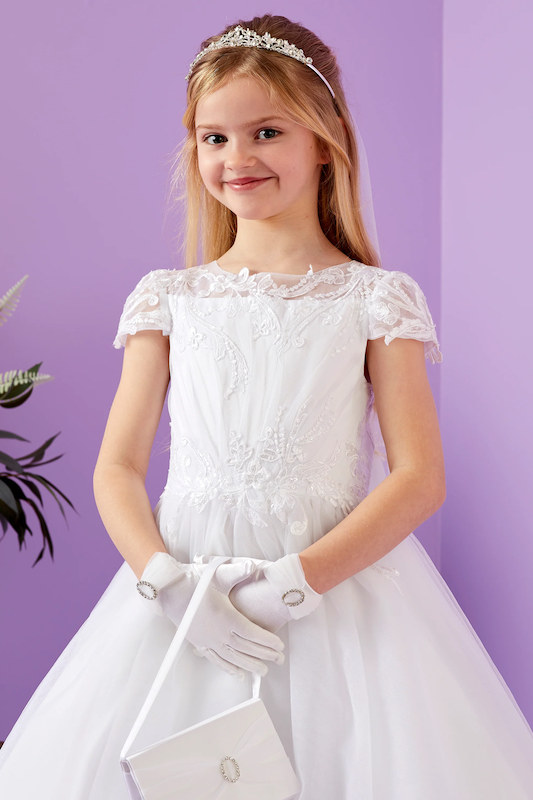 First Communion Dress | White Sequin Lace Tulle Dress - Style Anya