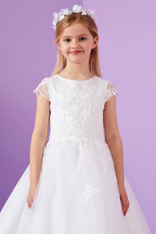 First Communion Dress | White Floral Lace Tulle Dress - Style Elsie