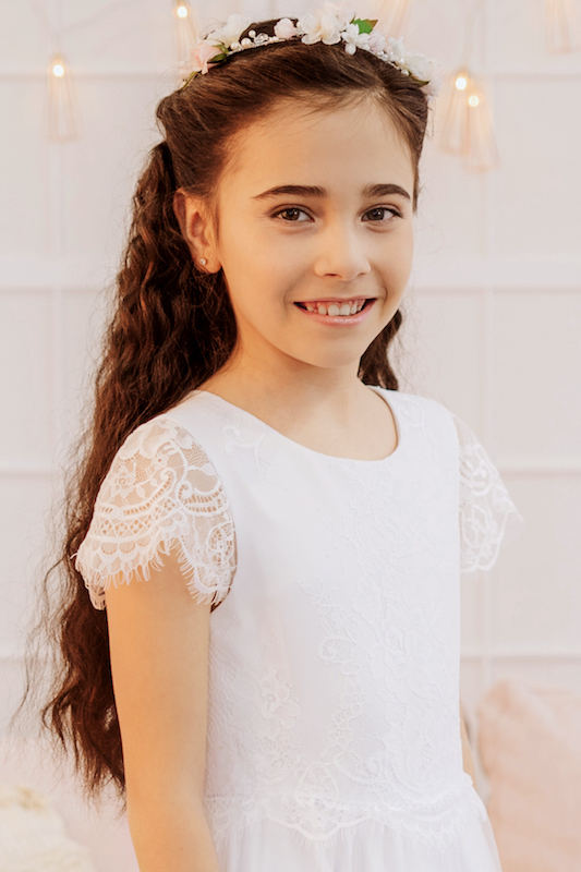 Communion Dress | Girls White Floral Lace Tulle Dress - Style Keelin