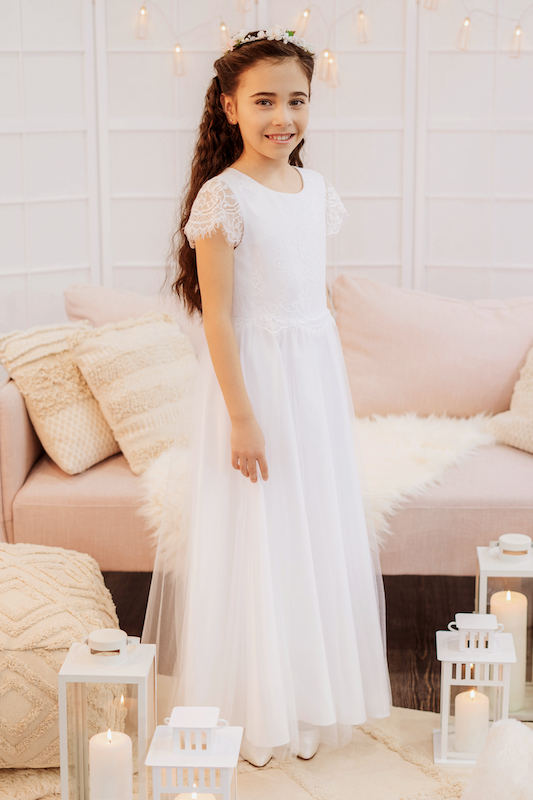 Communion Dress | Girls White Floral Lace Tulle Dress - Style Keelin