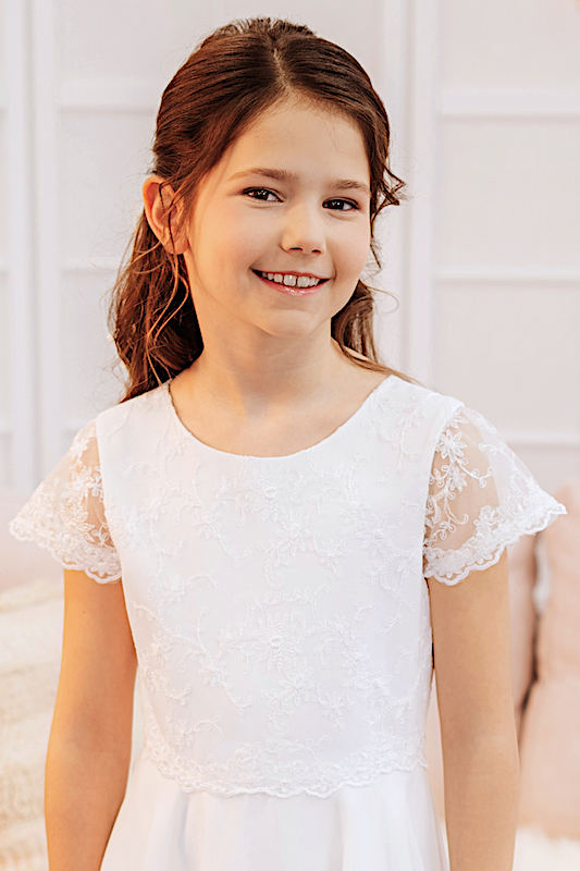 Communion Dress | Girls White Floral Lace Organza Dress - Style Keeva