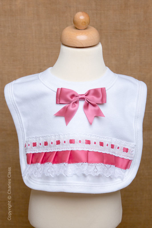 White Wedding Bib with Light Pink Bow & Lace Trim | Baby Wedding Bib