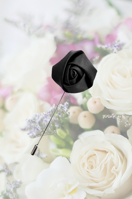 Wedding Boutonniere - Black Satin Rose Buttonhole Pin