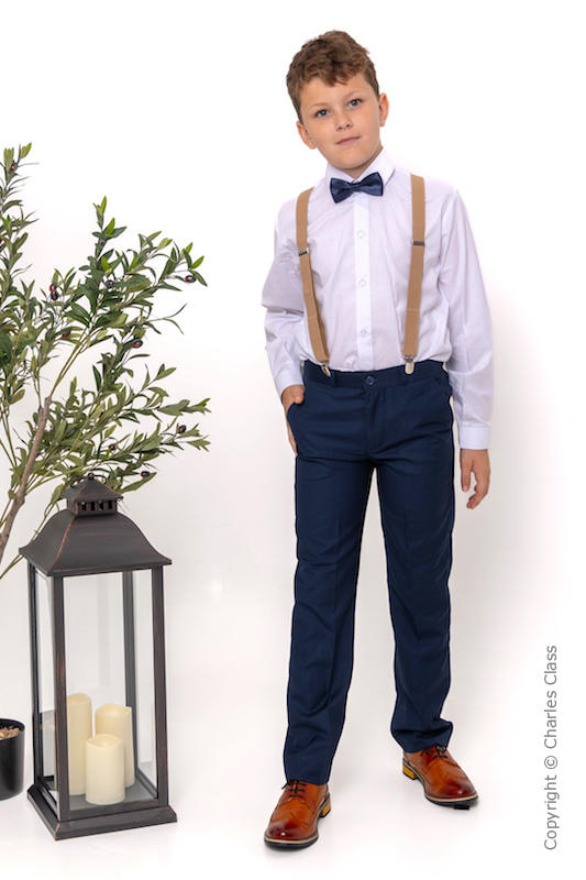 Boys Navy Trouser Suit & Beige Braces | Wedding Suit | Charles Class