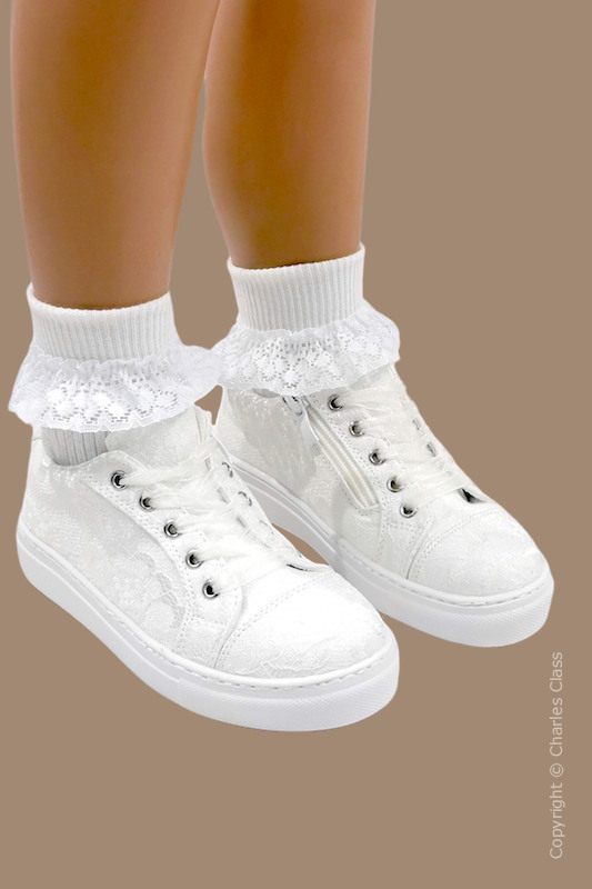 Girls White All-Over Lace Communion Trainers - Fiona