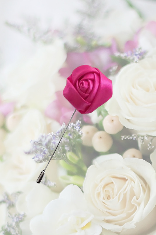 Wedding Boutonniere - Hot Pink Satin Rose Buttonhole Pin