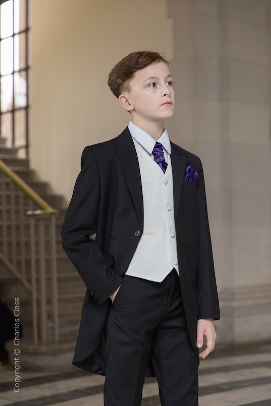 Boys Black Ivory Tail Coat Suit with Purple Cravat Set | Charles Class