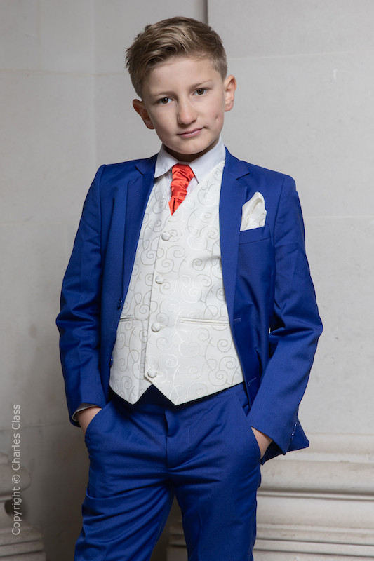 Boys Electric Blue Ivory Suit with Poppy Red Cravat | Boys Wedding Suit