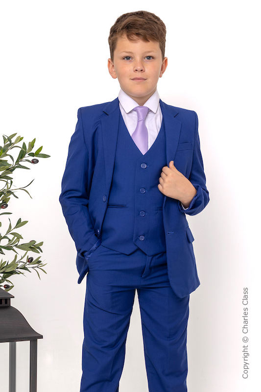 Boys Electric Blue Wedding Suit with Lilac Satin Tie | Charles Class