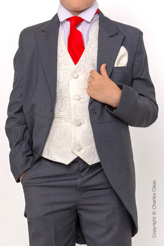 Boys Grey Ivory Tail Coat Suit with Red Tie | Charles Class