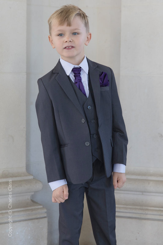 Boys Mid Grey Jacket Suit with Purple Cravat Set | Charles Class