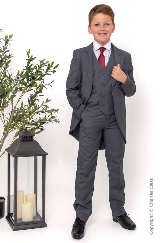 Boys Grey Tail Coat Wedding Suit with Burgundy Tie | Charles Class