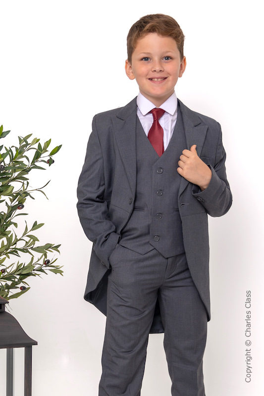 Boys Grey Tail Coat Wedding Suit with Burgundy Tie | Charles Class
