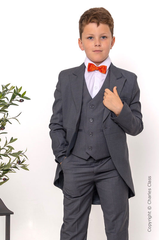 Boys Grey Tail Coat Wedding Suit with Orange Dickie Bow | Charles Class