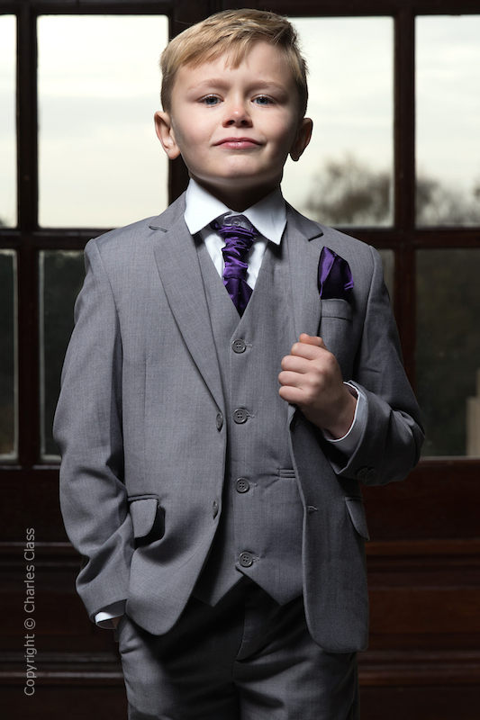 Boys Light Grey Jacket Suit with Purple Cravat Set | Charles Class