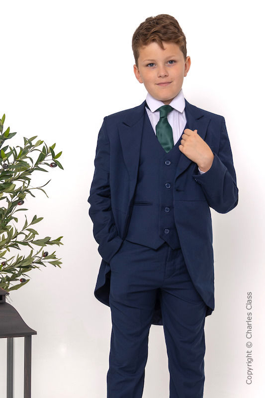 Boys Navy Tail Coat Wedding Suit with Dark Green Tie | Charles Class