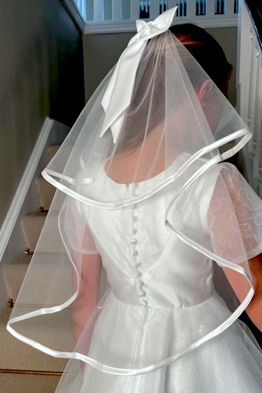 Millie Grace Girls White Duchess Satin Bow Communion Veil