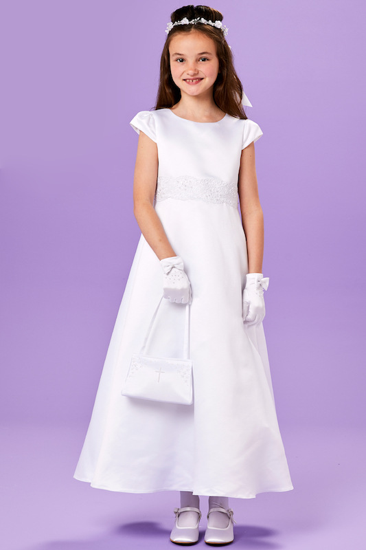 First Communion Dress | White Lace Duchess Satin Dress - Style Aoife