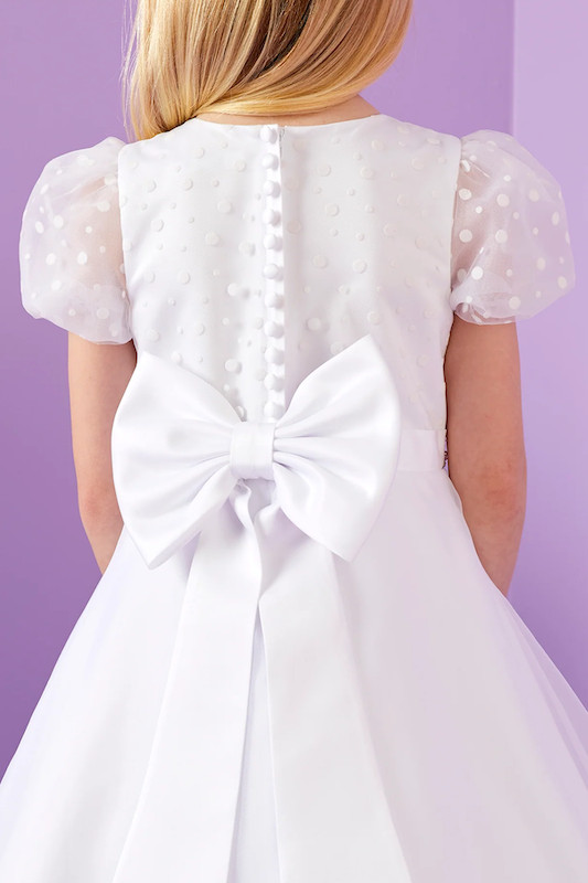 First Communion Dress | White Pearl Flock Spot Dress - Style Iva