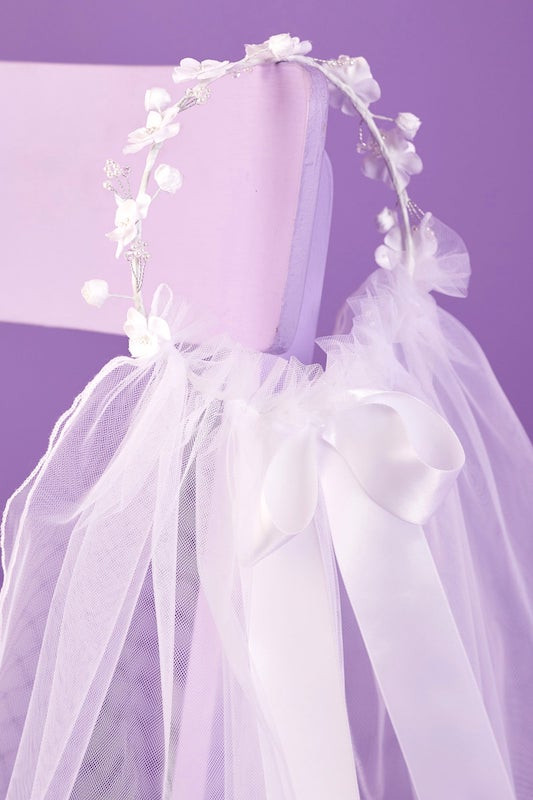 Peridot Girls White Pearl Flower Head Ring Communion Veil - Sophie