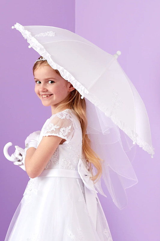 White Sequin Guipure Communion Umbrella - Style Rosa | First Holy Communion
