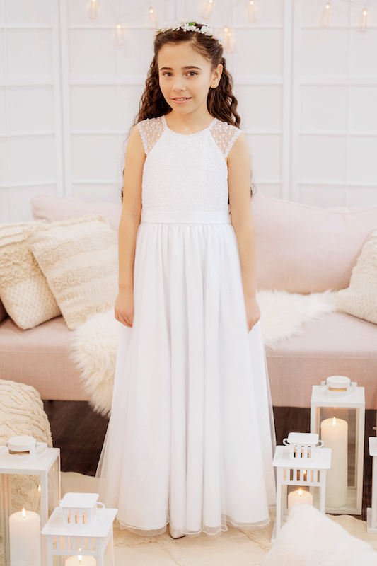 Communion Dress | Girls White Sparkly Tulle Dress - Style Keely