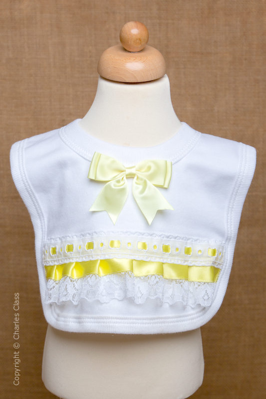 White Wedding Bib with Lemon Bow & Lace Trim | Baby Wedding Bib