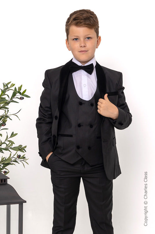 Boys Black Double Breasted Velvet Lapel Tuxedo Suit | Boys Tux Wedding Suit