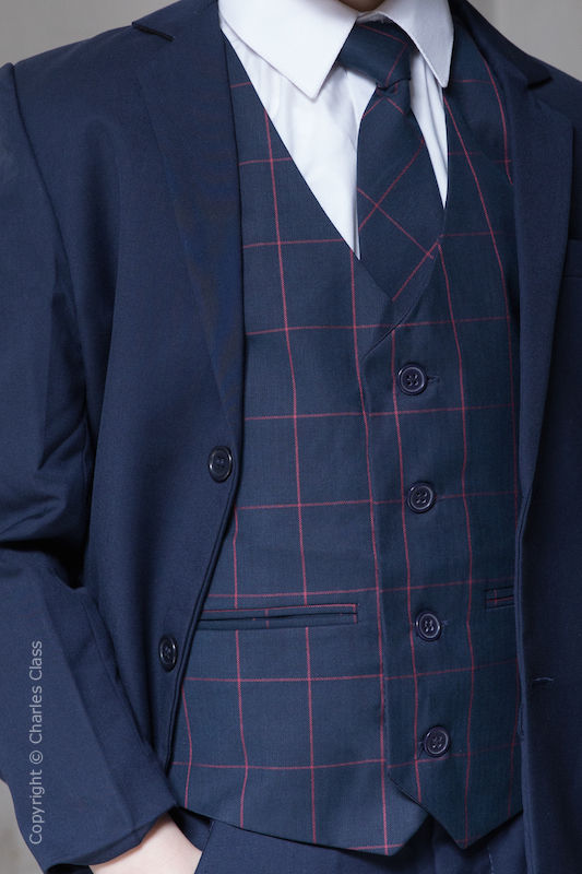 Boys Navy Red Check Waistcoat | Wedding Waistcoat | Boys Waistcoat