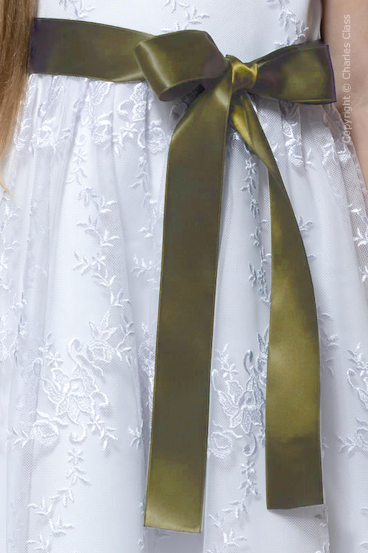 Khaki Green Flower Girl Sash | Girls Satin Dress Sash | Charles Class