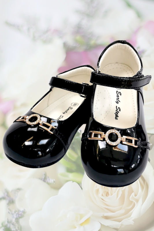 Girls Black Sparkle Diamond Buckle Leather Shoes | Flower Girl Shoes