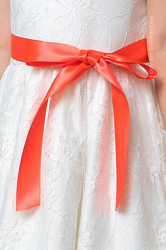 Bright Coral Flower Girl Sash | Girls Dress Sash | Charles Class