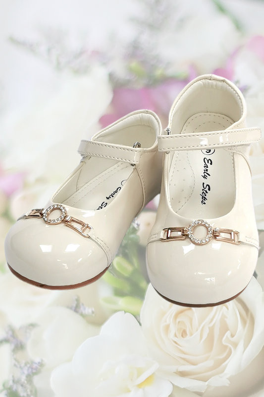 Girls Ivory Sparkle Diamond Buckle Leather Shoes | Flower Girl Shoes