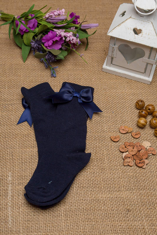 Girls Navy Bow Knee Length Socks | Girls Navy Flower Girl Socks
