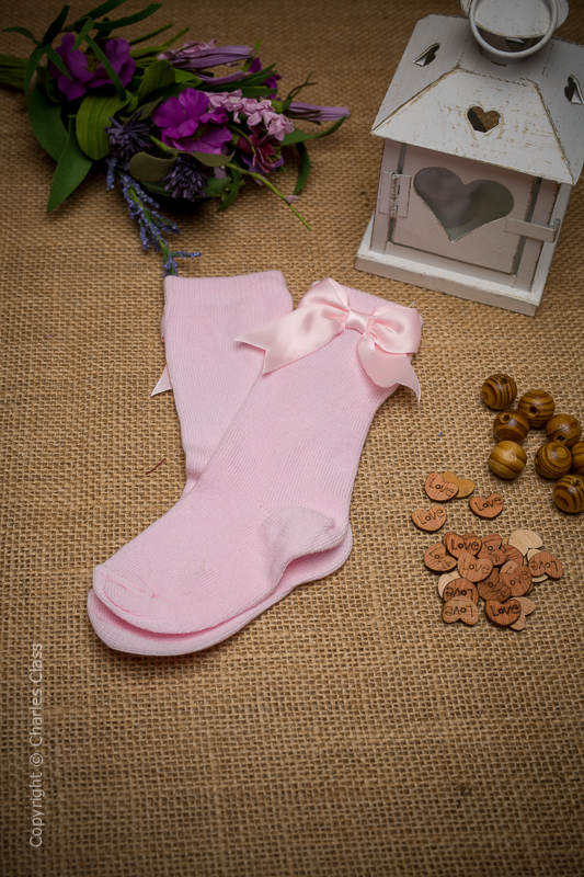 Girls Pink Bow Knee Length Socks | Girls Pink Flower Girl Socks