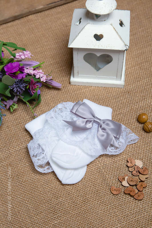Girls White Silver Large Bow Lace Socks | Flower Girl Ankle Socks