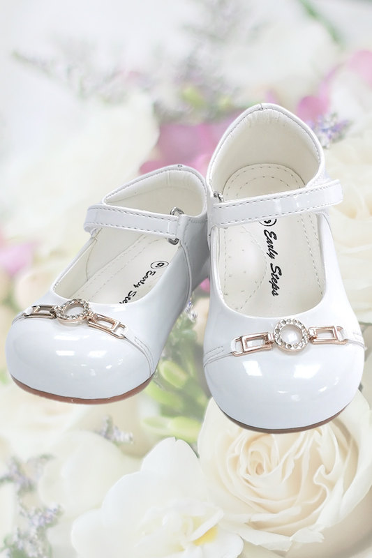 Girls White Sparkle Diamond Buckle Leather Shoes | Flower Girl Shoes