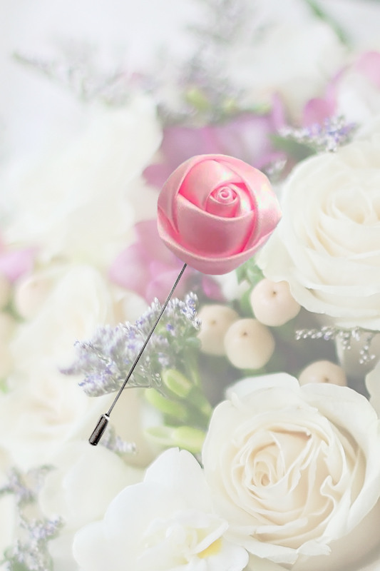 Wedding Boutonniere - Light Pink Satin Rose Buttonhole Pin