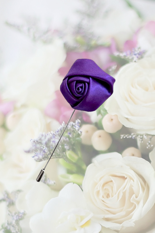 Wedding Boutonniere - Cadbury Purple Satin Rose Buttonhole Pin