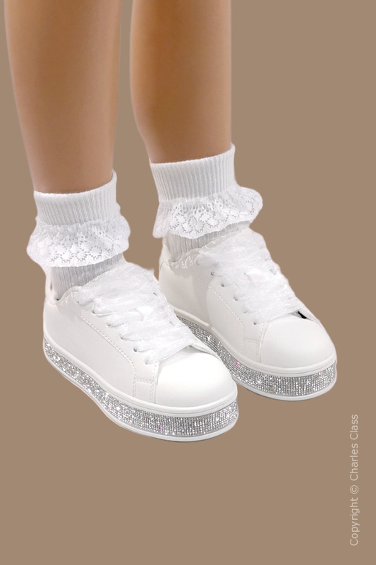 Girls White Communion Trainers with Diamanté Trim - Witney