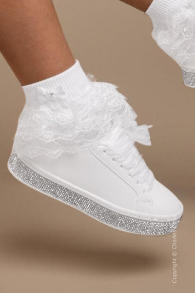 Girls White Communion Trainers with Diamanté Trim - Witney