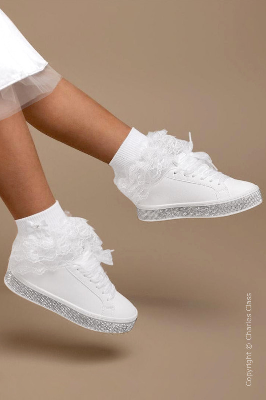 Girls White Communion Trainers with Diamanté Trim - Witney