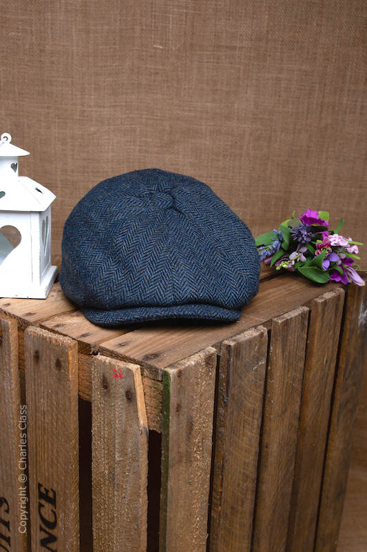 Younger Boys Navy Herringbone Wool Tweed Newsboy Cap | Kids Wedding Cap